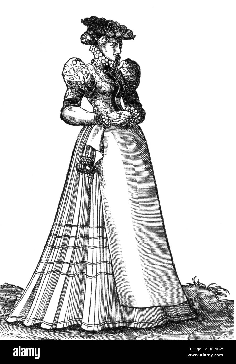 fashion, traditional costume, Alsace, young noble woman, woodcut by ...