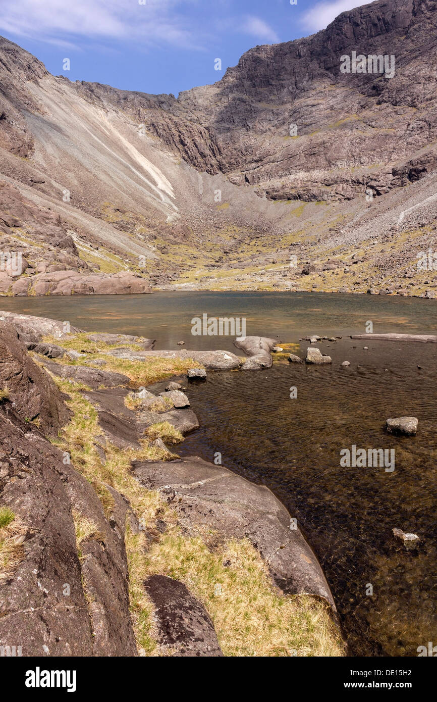 Glaciated mountain corrie and lake high in the Black Cuillin mountains ...