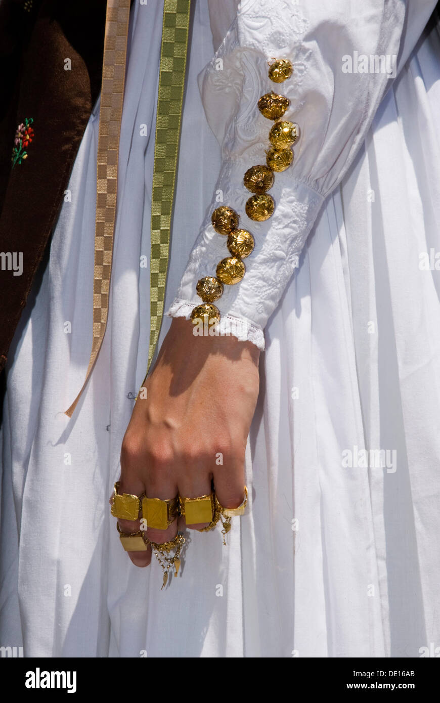 Detail view of Ibiza traditional women's gold jewelry, Ibiza, Spain ...