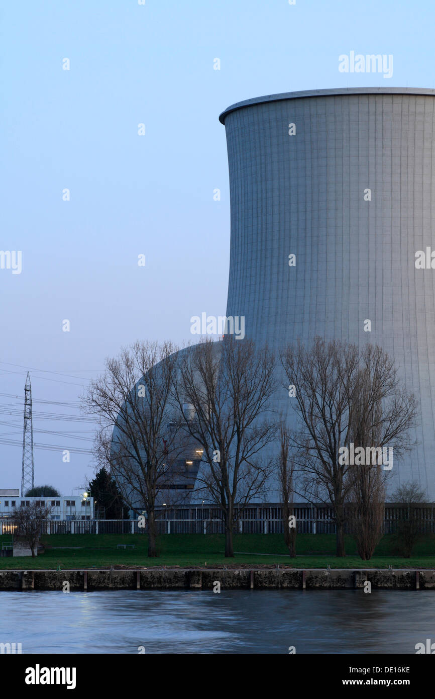Cooling tower and reactor dome at dusk, Biblis nuclear power plant, on ...