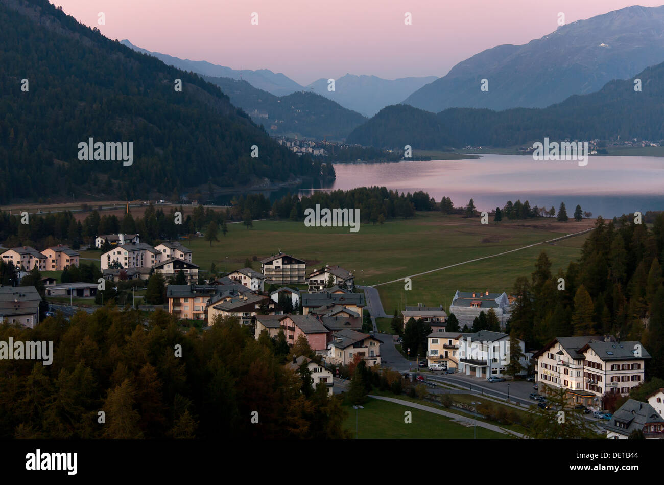 Sils Maria, Switzerland, Sunset over Lake Silvaplana and the Bernina ...