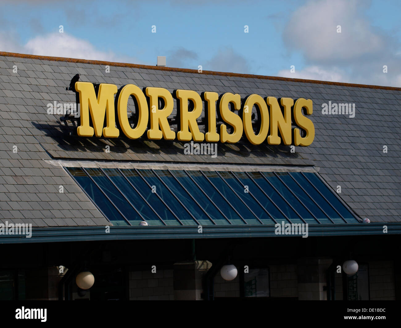 Morrisons sign on the roof of a supermarket, Bude, Cornwall, UK 2013 ...
