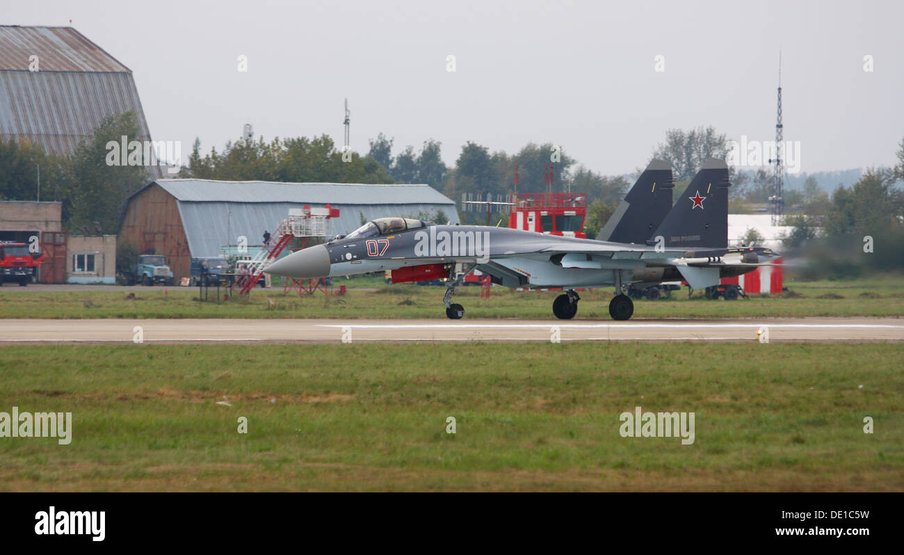 The Sukhoi Su-35S is a Russian multi-role fighter jet showcased at the ...