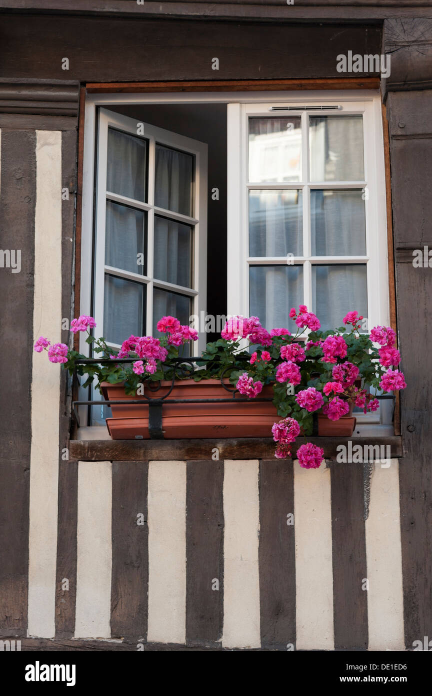 Pretty window boxes and flowers on windows on old buildings Honfleur ...