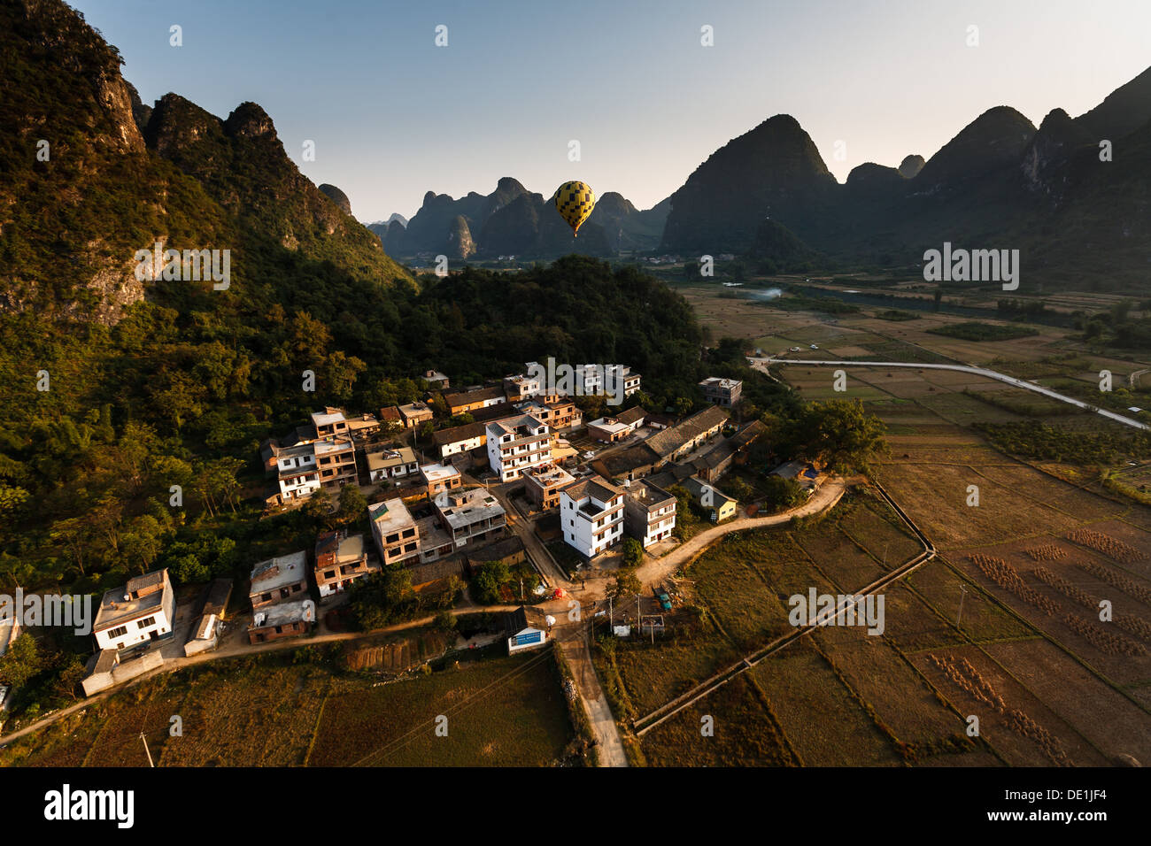Aerial view of the Yangshuo China countryside from a hot air balloon ...