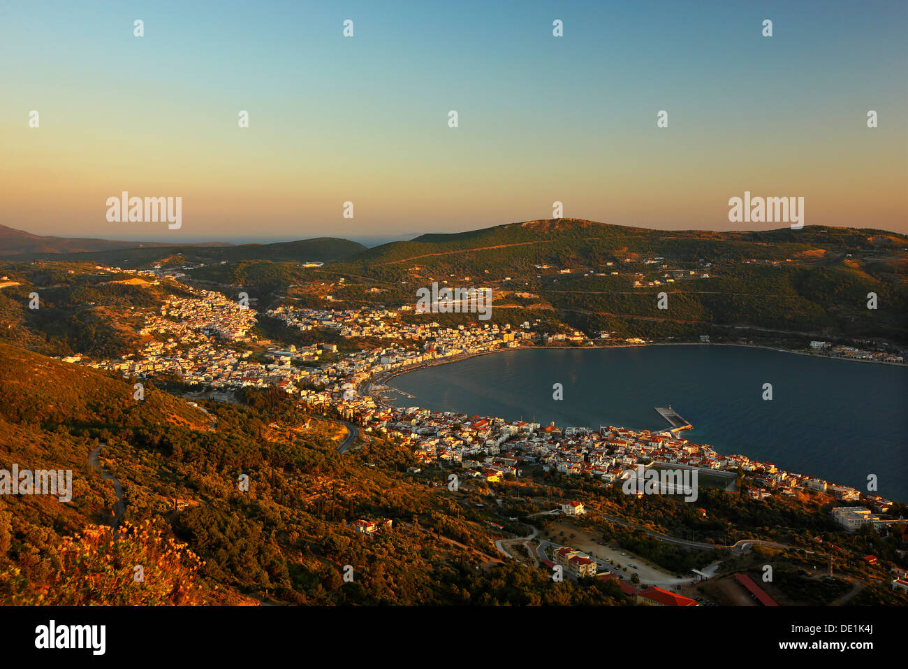 Panoramic view of Samos town ("Vathi") around sunset, Samos island ...