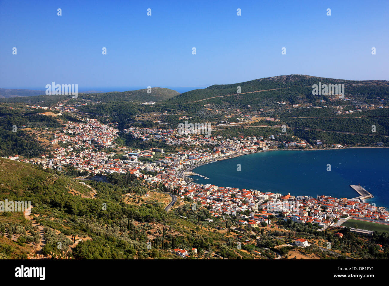 Panoramic view of Samos town ("Vathi"), Samos island, Aegean Sea ...