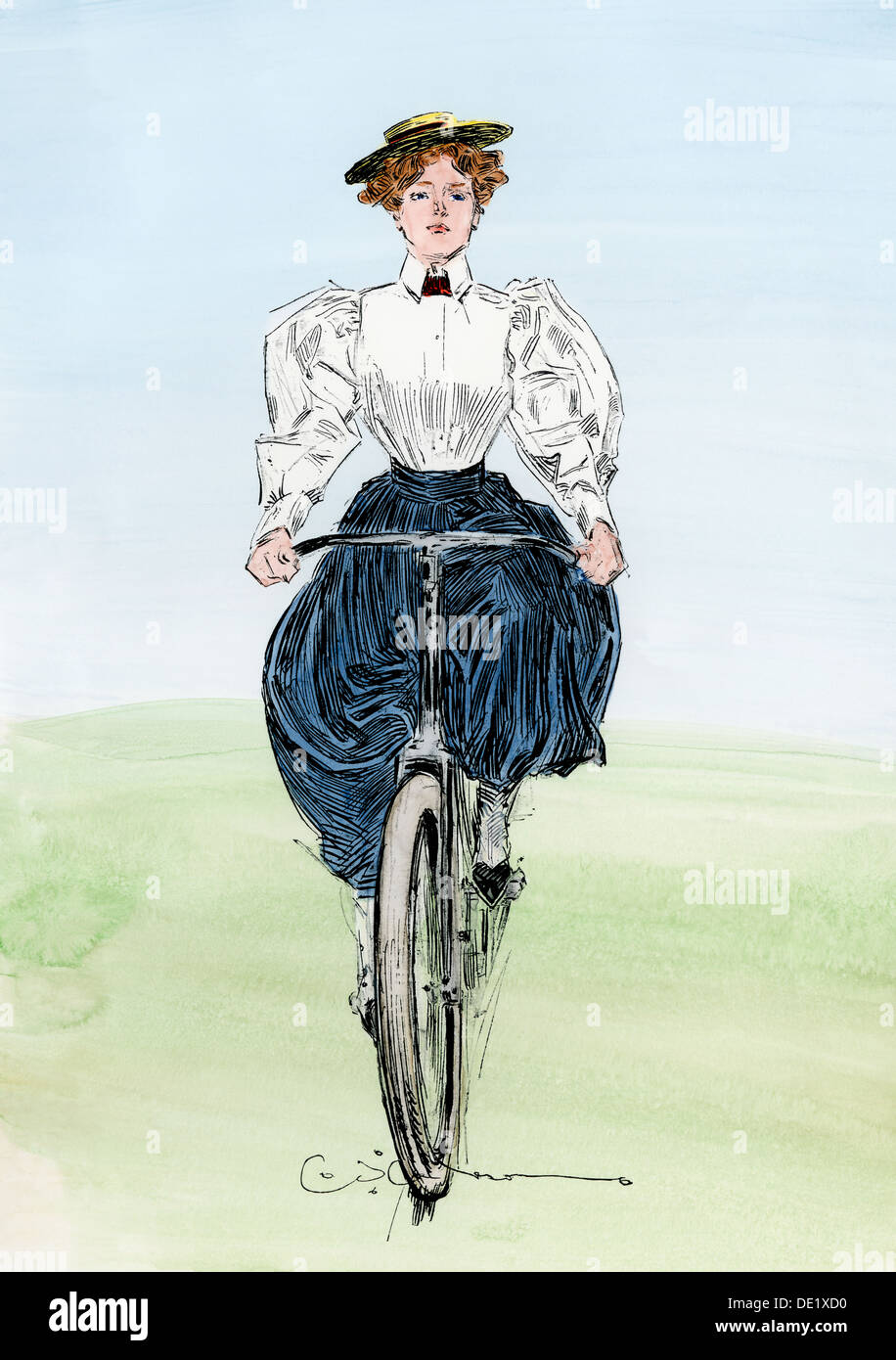 Gibson girl on a bicycle, 1890s. Hand-colored woodcut of a Charles Dana ...