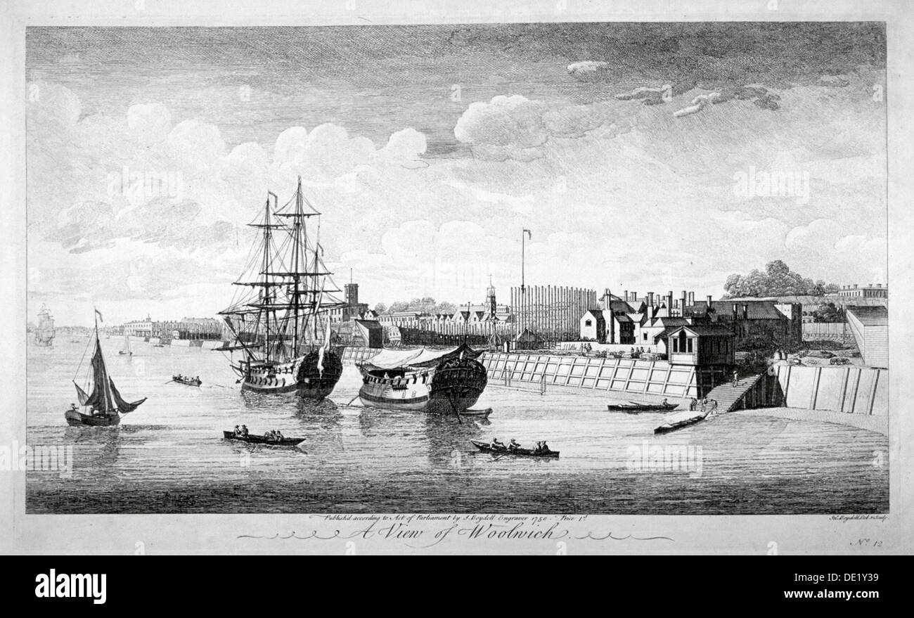 View of boats on the River Thames near Woolwich, Kent, 1750. Artist ...