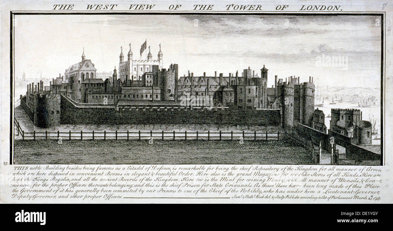 West view of the Tower of London, with a description, 1737. Artist ...