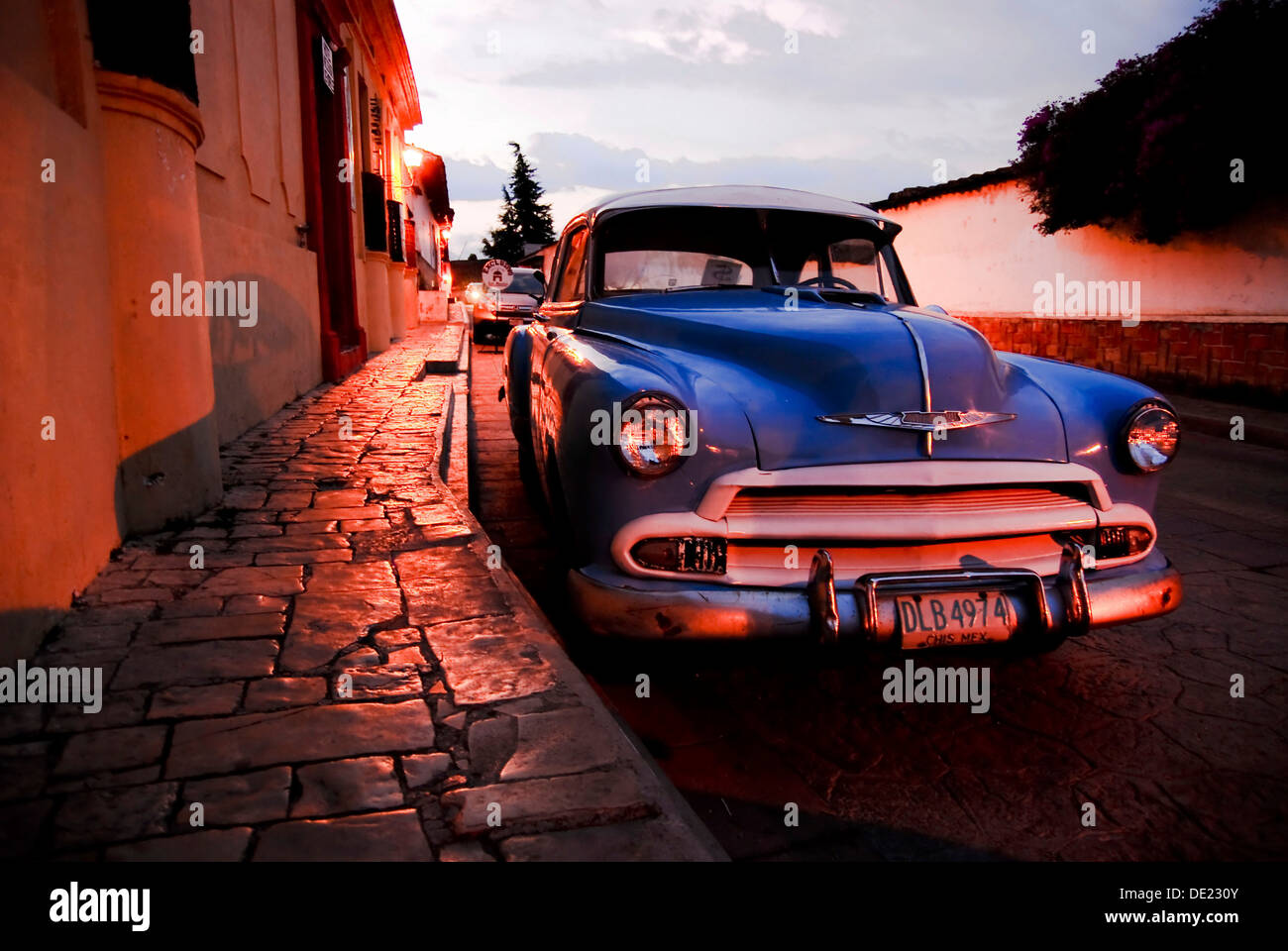 Blue vintage car at night in San Cristobal de las Casas, Mexico Stock ...