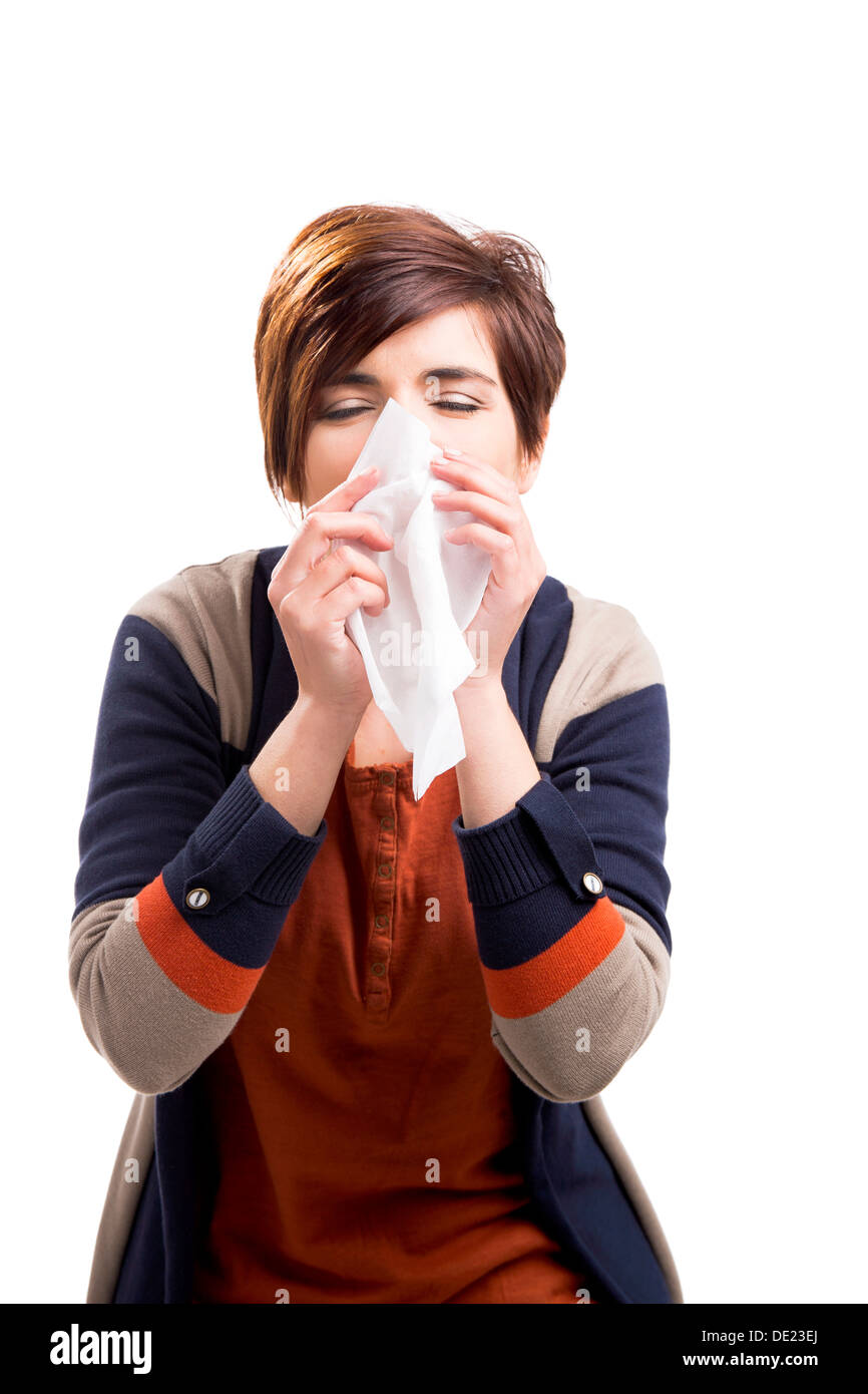 Portrait of a woman with flu, isolated over a white background Stock ...