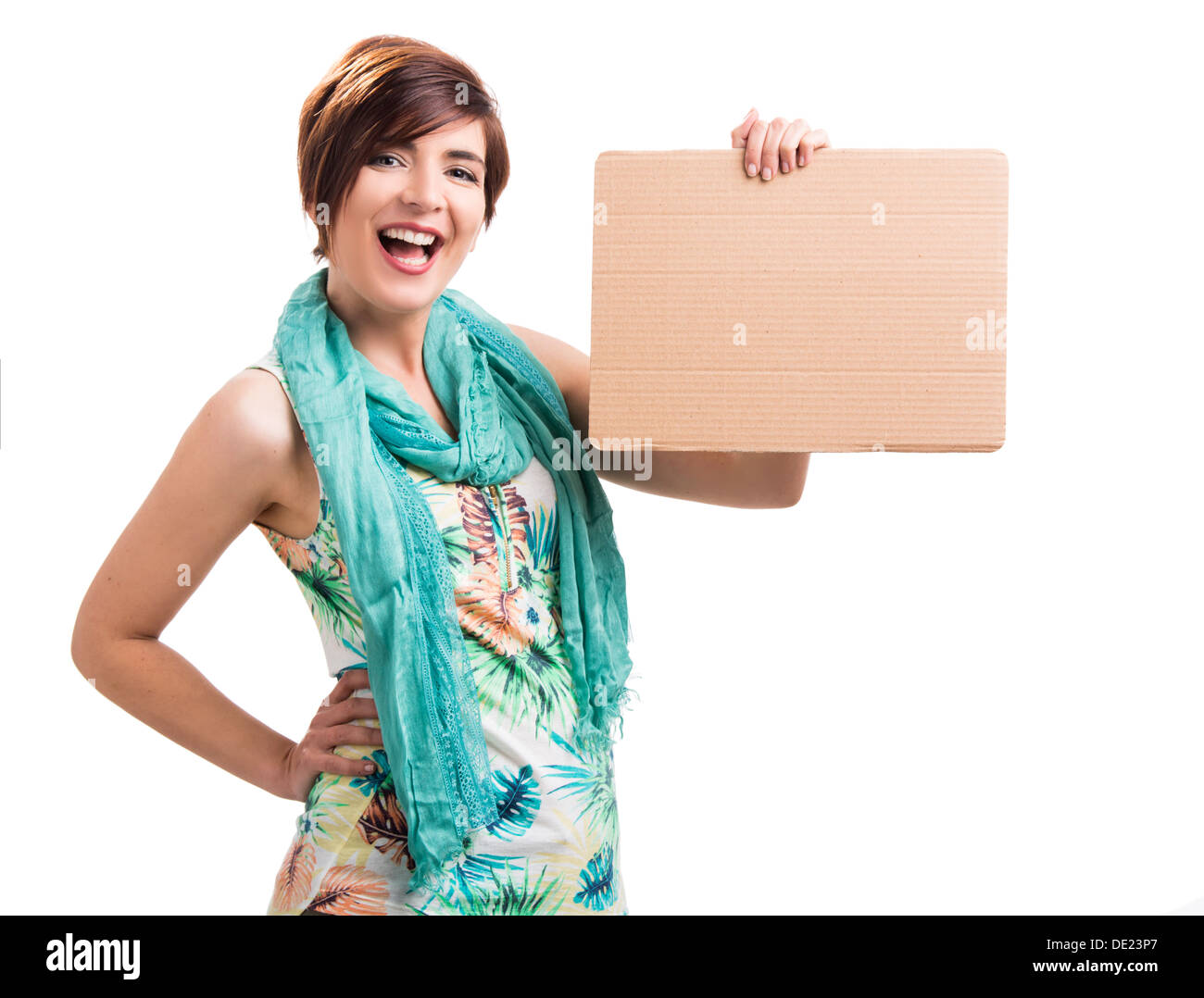 Beautiful and happy woman holding a cardboard, isolated over a white ...