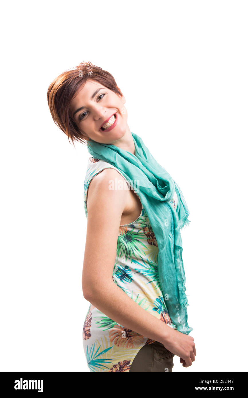 Portrait of a beautiful woman looking back and smiling, isolated over a ...