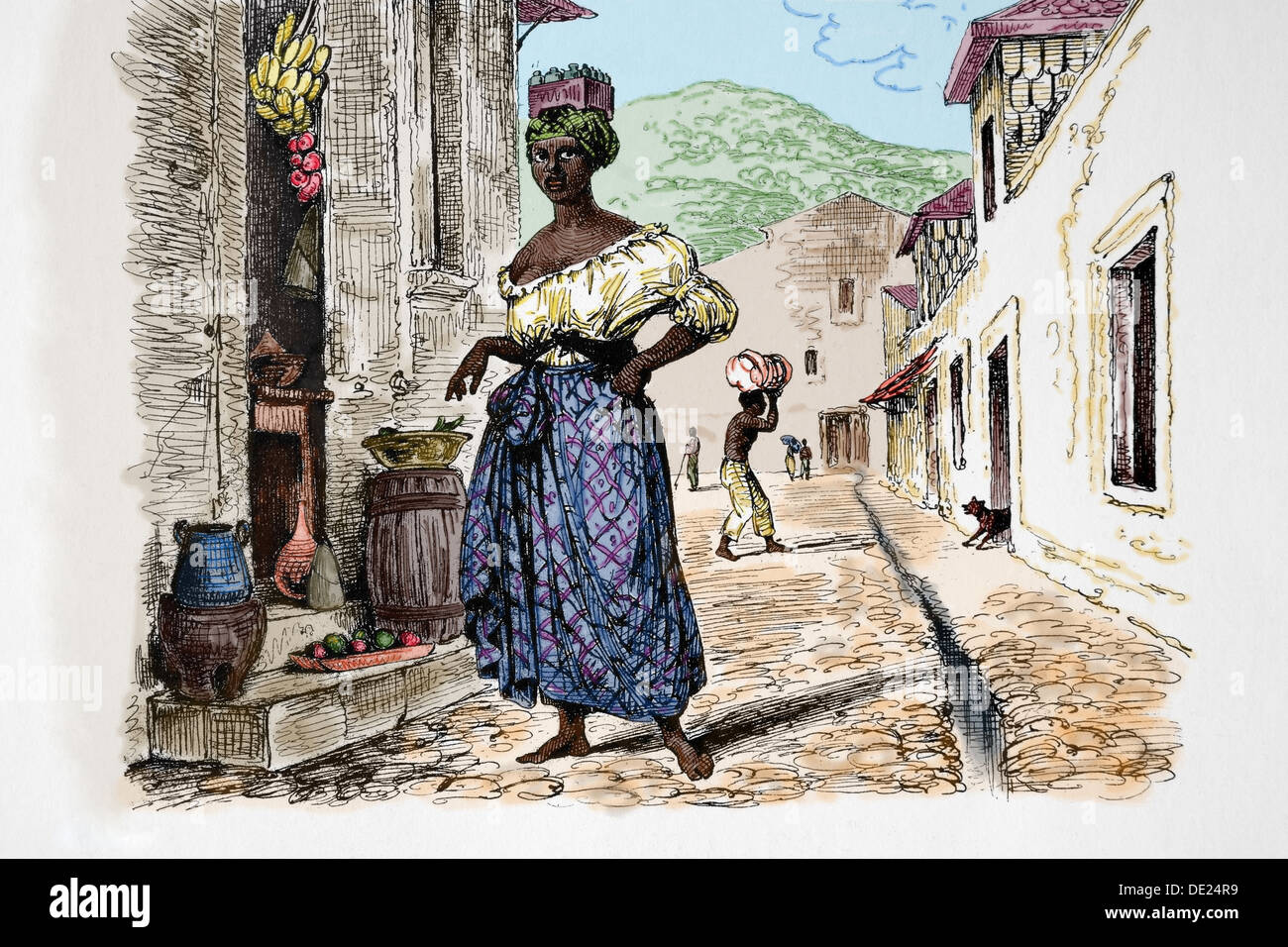 Carribean. Hatian woman. c. 1870. Engraving. Colored Stock Photo - Alamy