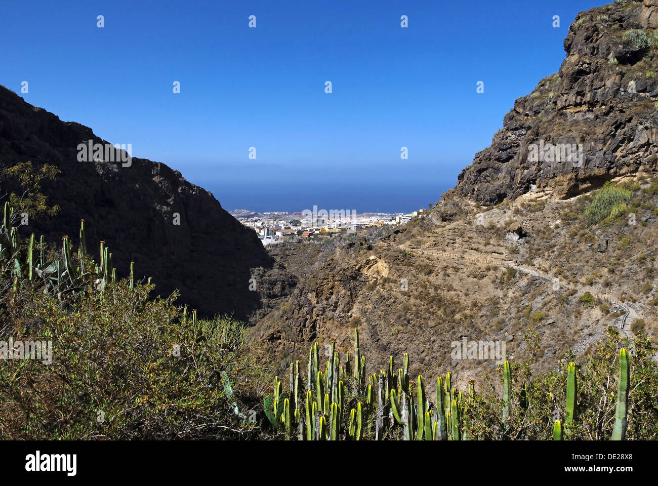 Barranco del Infierno canyon and the seaside town of Adeje, Tenerife ...