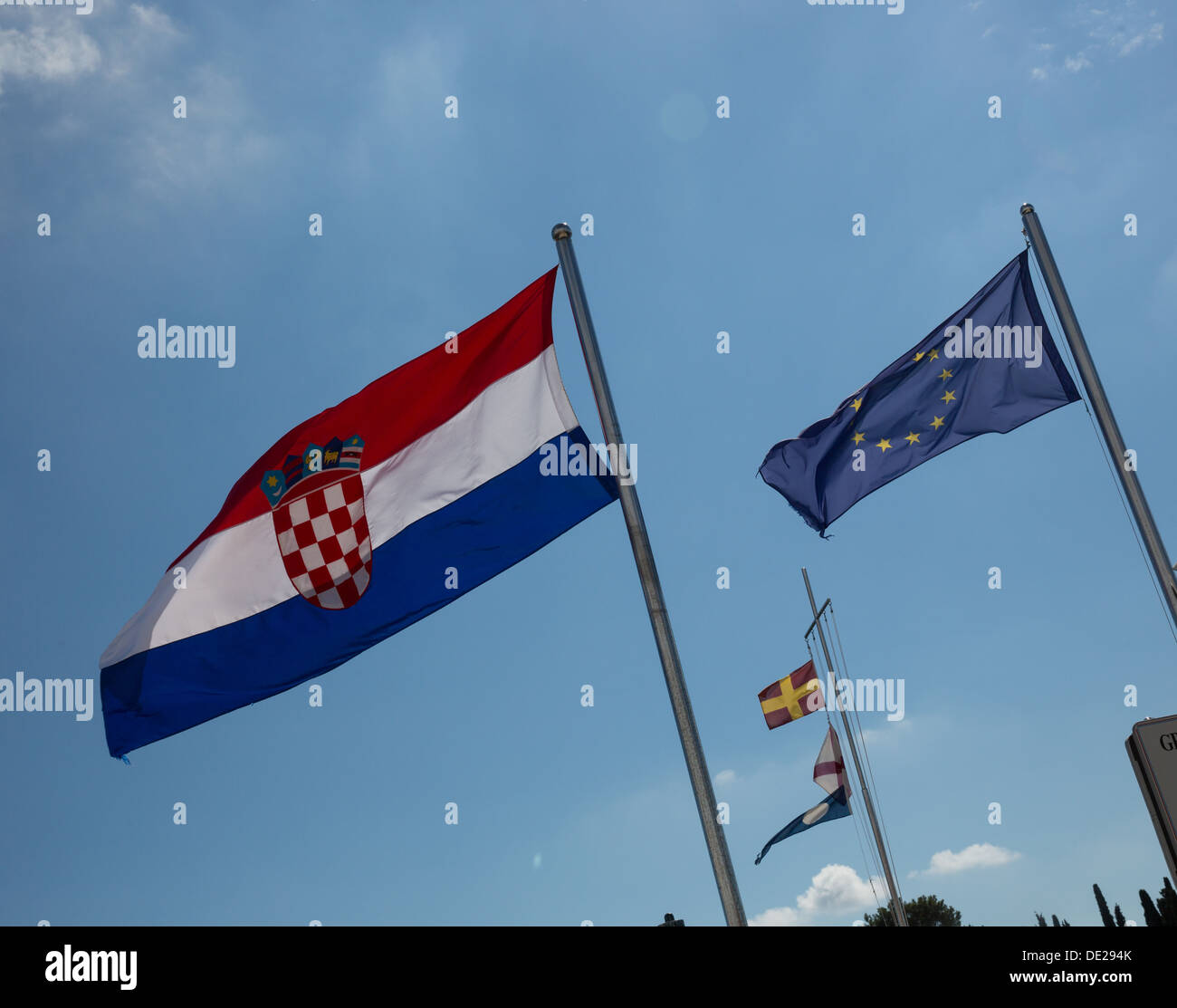 EU-admission of Croatia, flags of the EU and of Croatia waving at the ...
