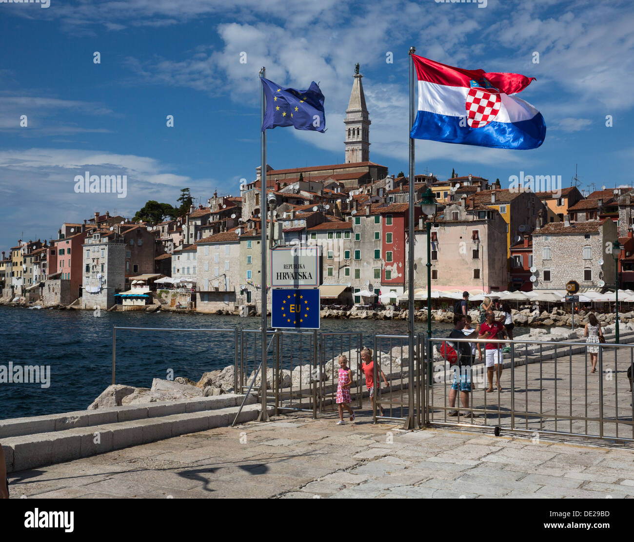 EU-admission of Croatia, flags of the EU and of Croatia waving at the ...