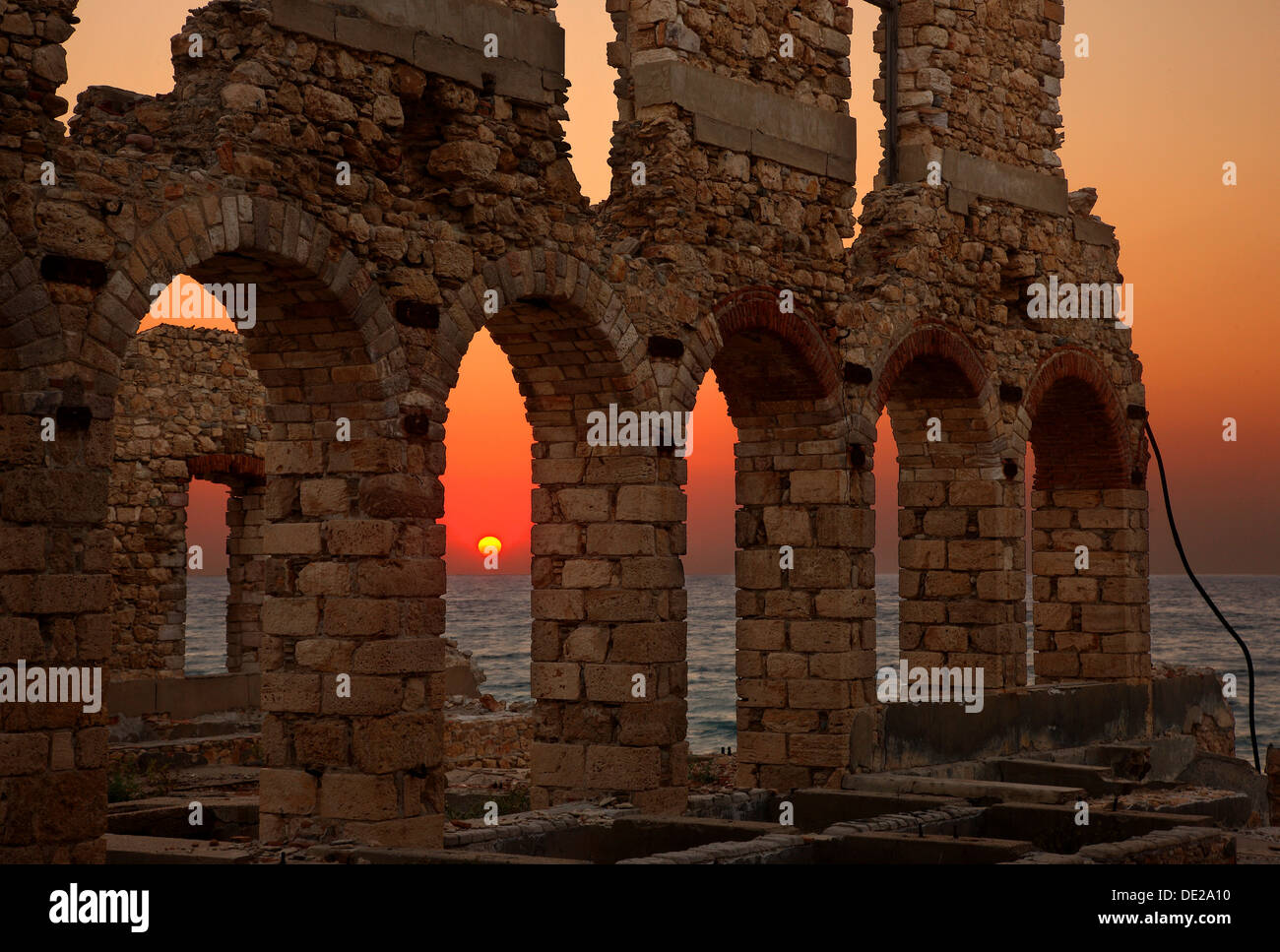 Sunset in an abandoned tannery in Karlovasi town, Samos island, Greece ...