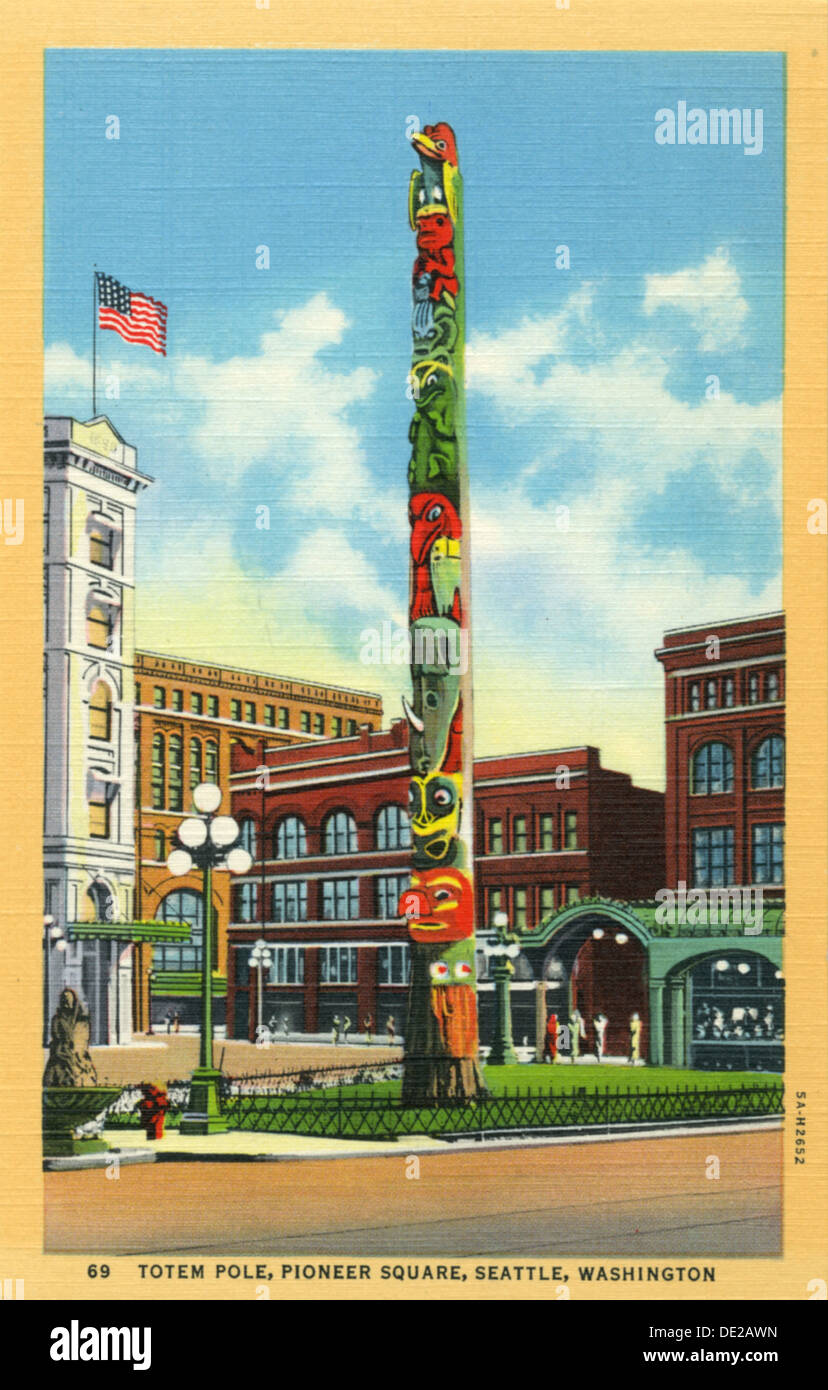 Totem pole, Pioneer Square, Seattle, Washington, USA, 1935. Artist ...