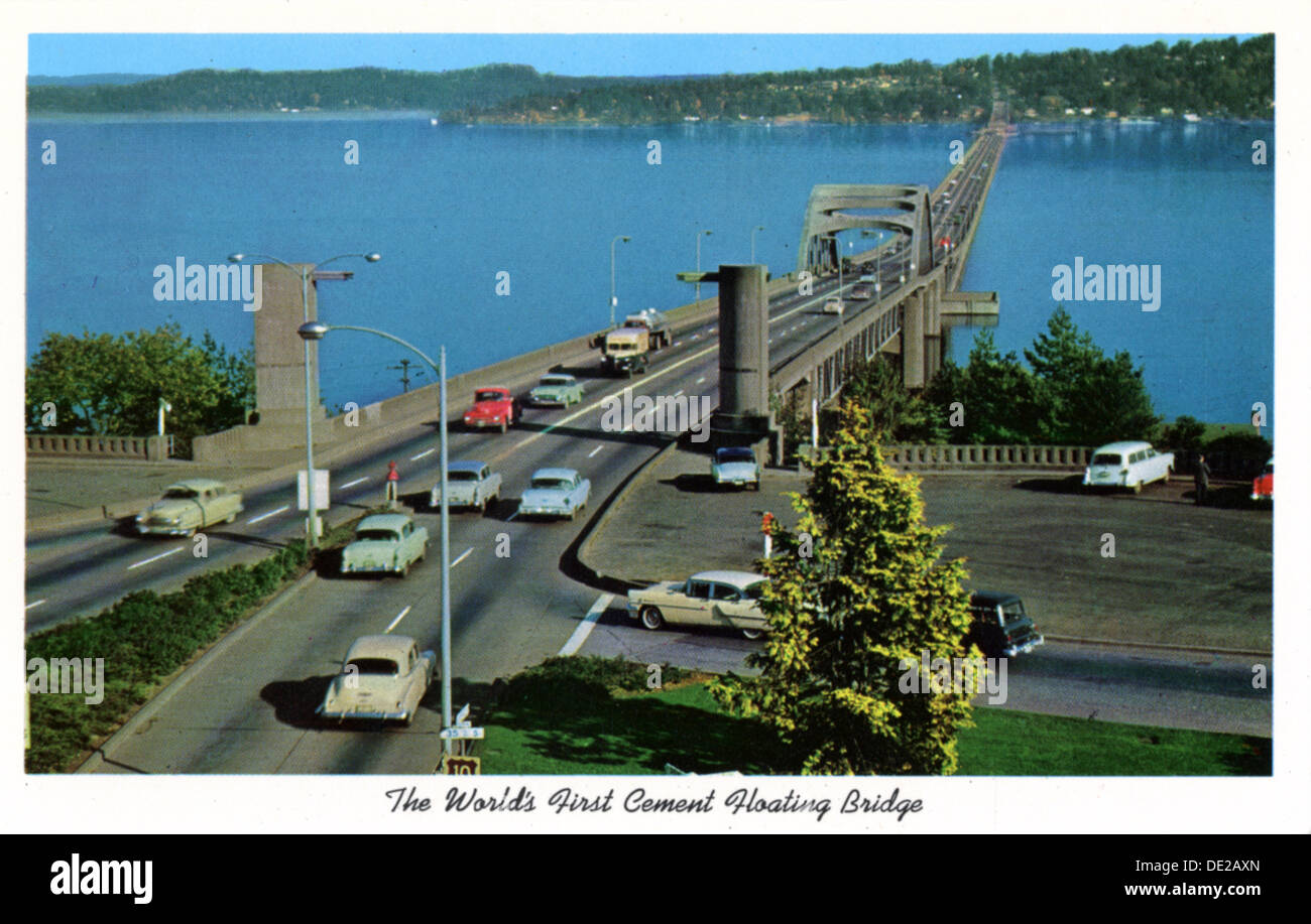 Lake Washington Floating Bridge, Seattle, Washington, USA, 1957. Artist ...