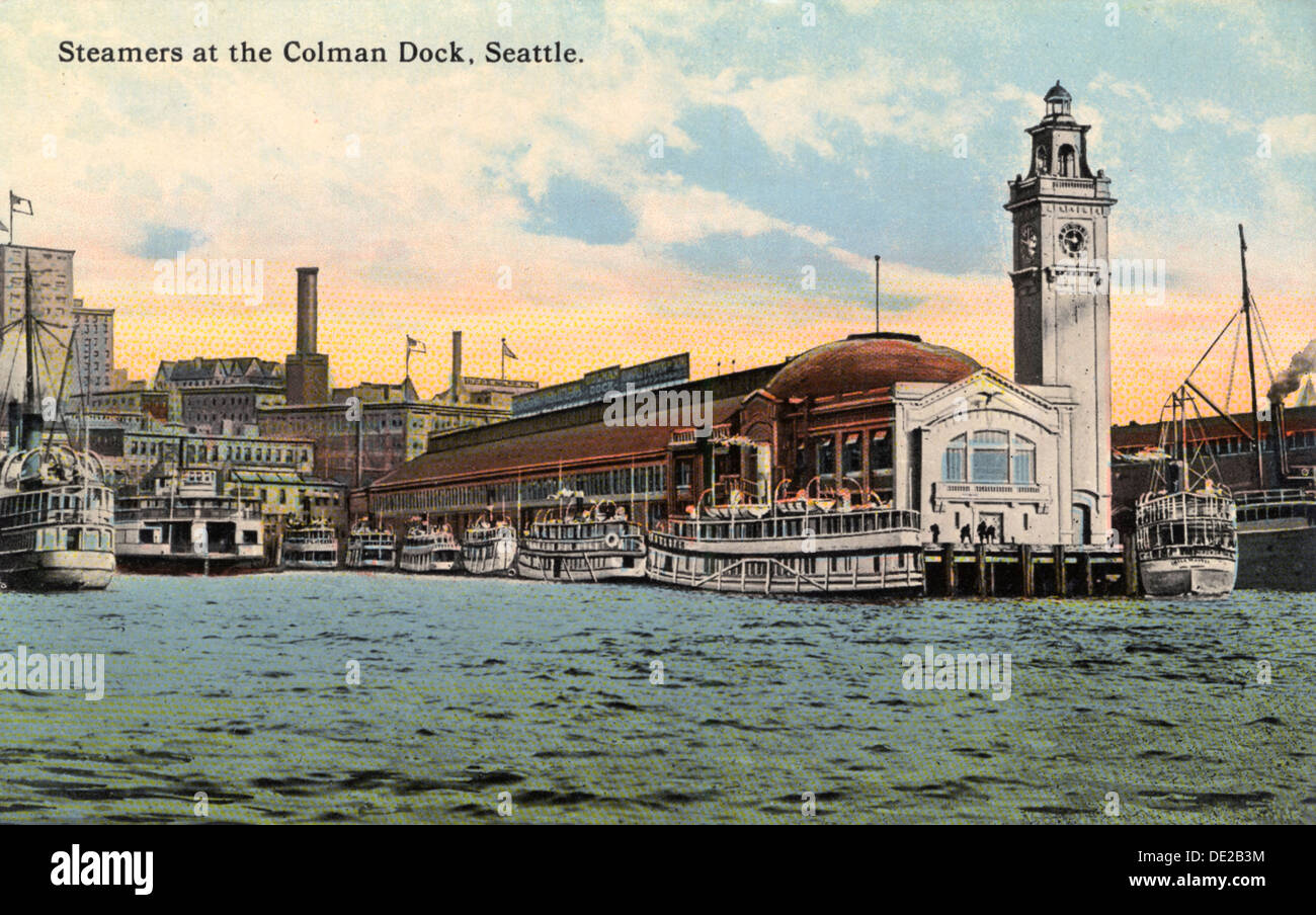 Steamers at the Colman Dock, Seattle, Washington, USA, 1913. Artist ...