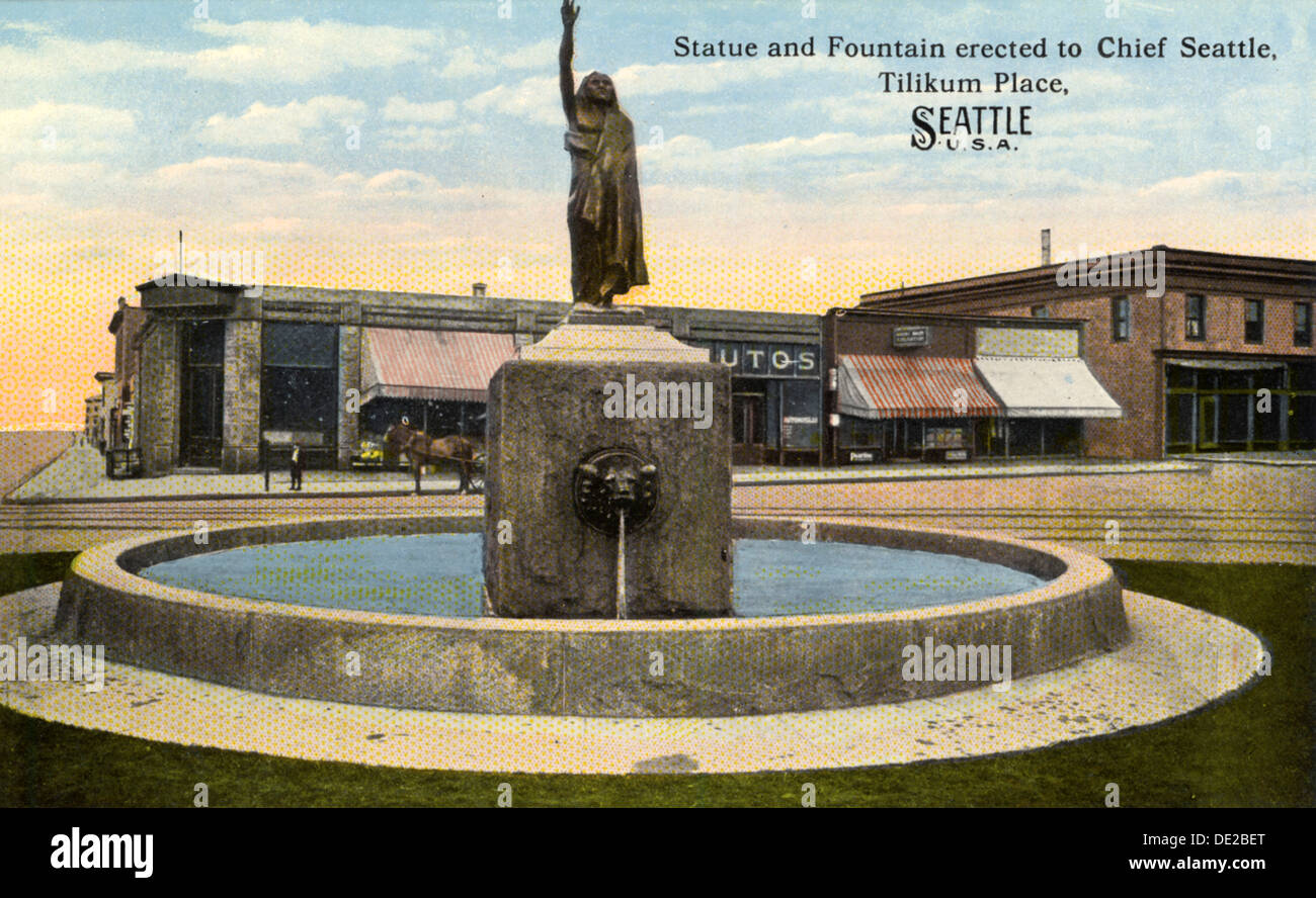 Statue and fountain dedicated to Chief Seattle, Tilikum Place, Seattle ...