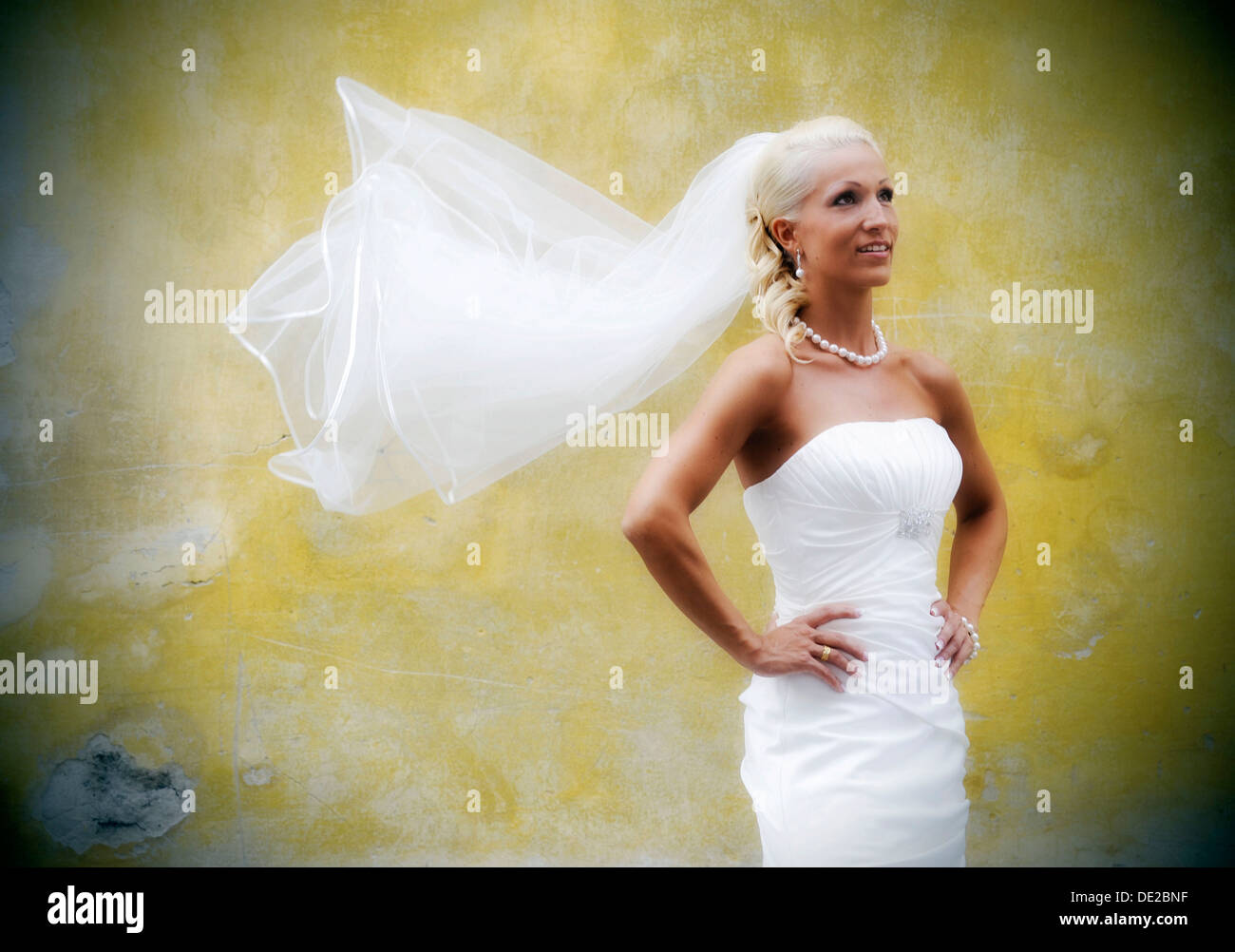 Bride with flowing veil in front of an old yellow wall Stock Photo - Alamy