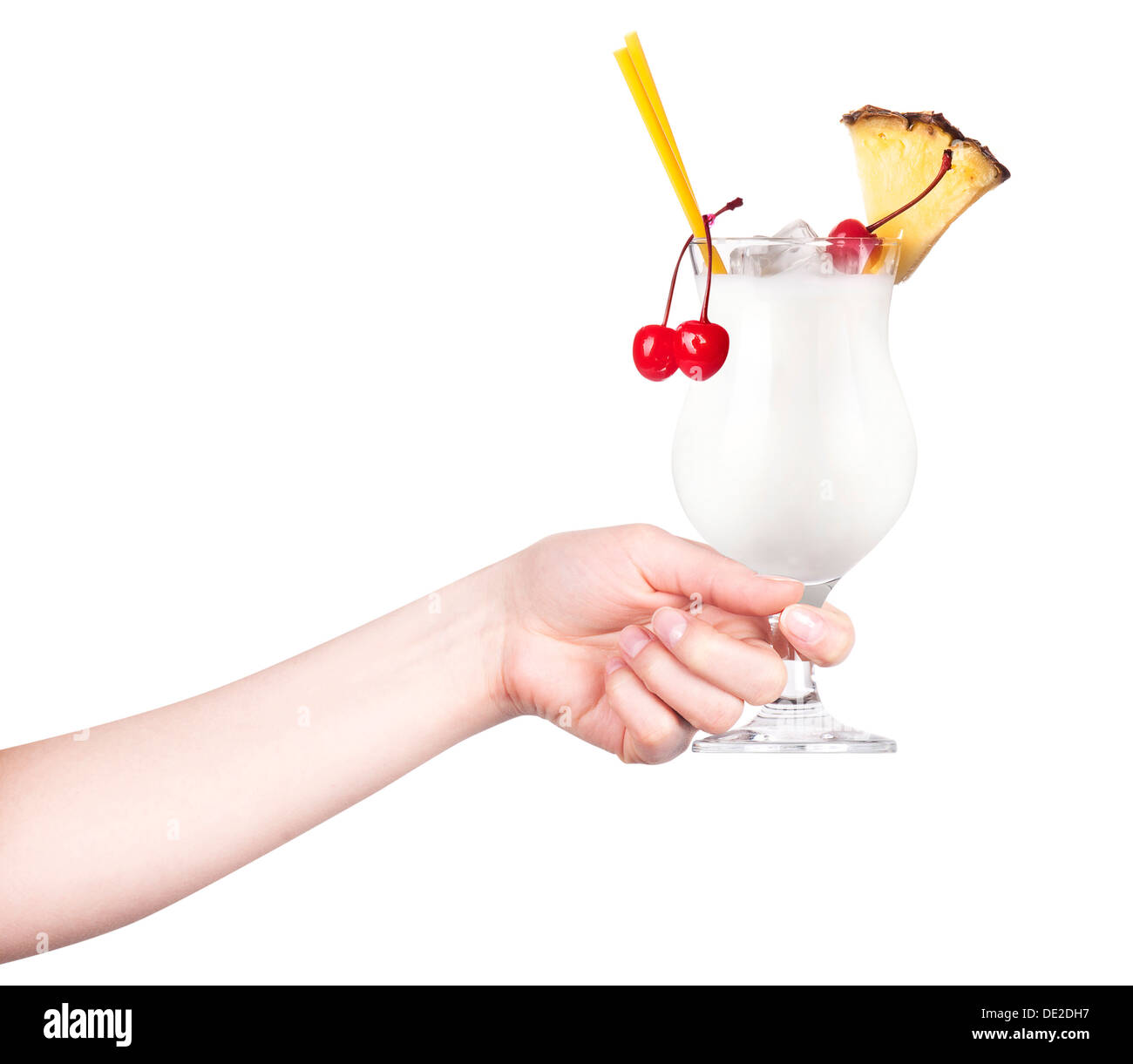 hand with alcohol cocktail making toast isolated on a white background ...