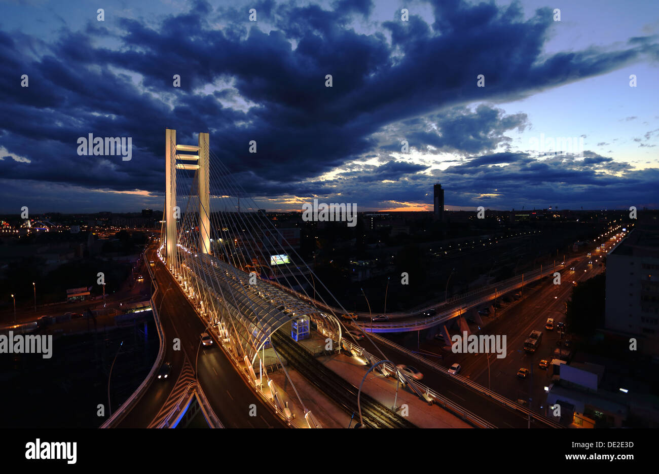 The new illuminated Basarab Overpass Bridge is visible at twilight in ...