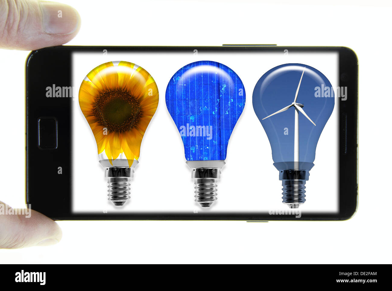 Mobile phone with a photo of light bulbs, symbolic image for renewable ...