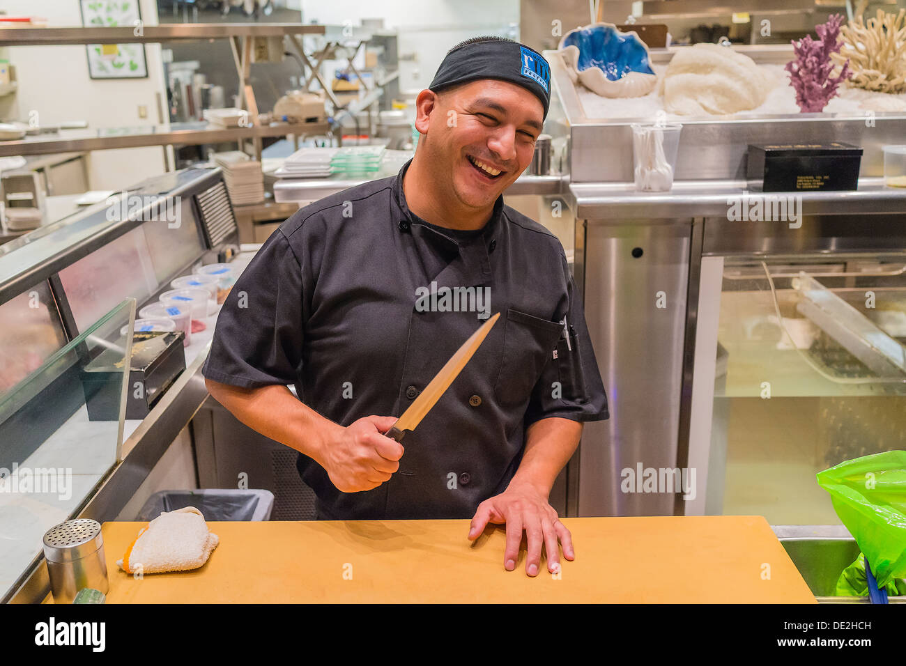 Sushi chef with knife at counter, Las Vegas, Nevada, USA Stock Photo ...