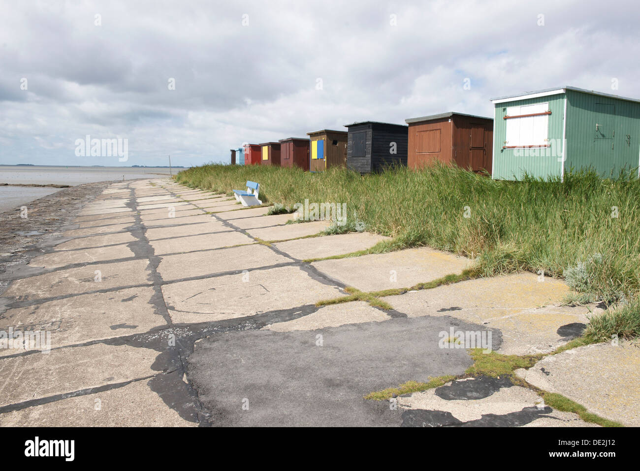 Colorful beach huts on the dike at the North Sea, Dagebuell, North ...