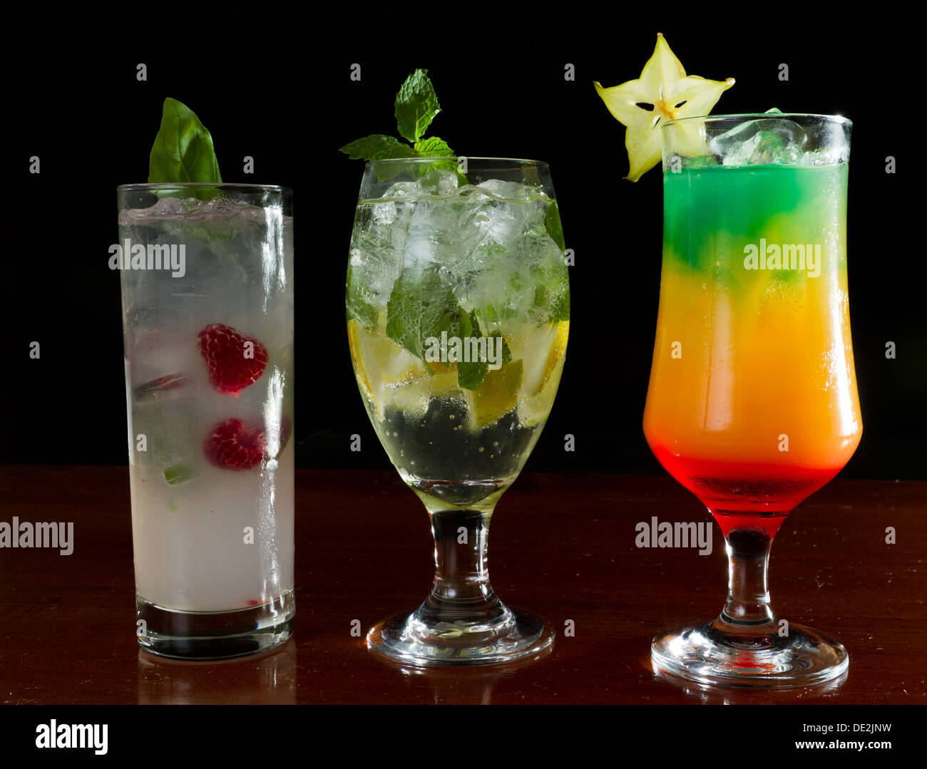 fresh tropical cocktails served on a bar with a black background Stock ...
