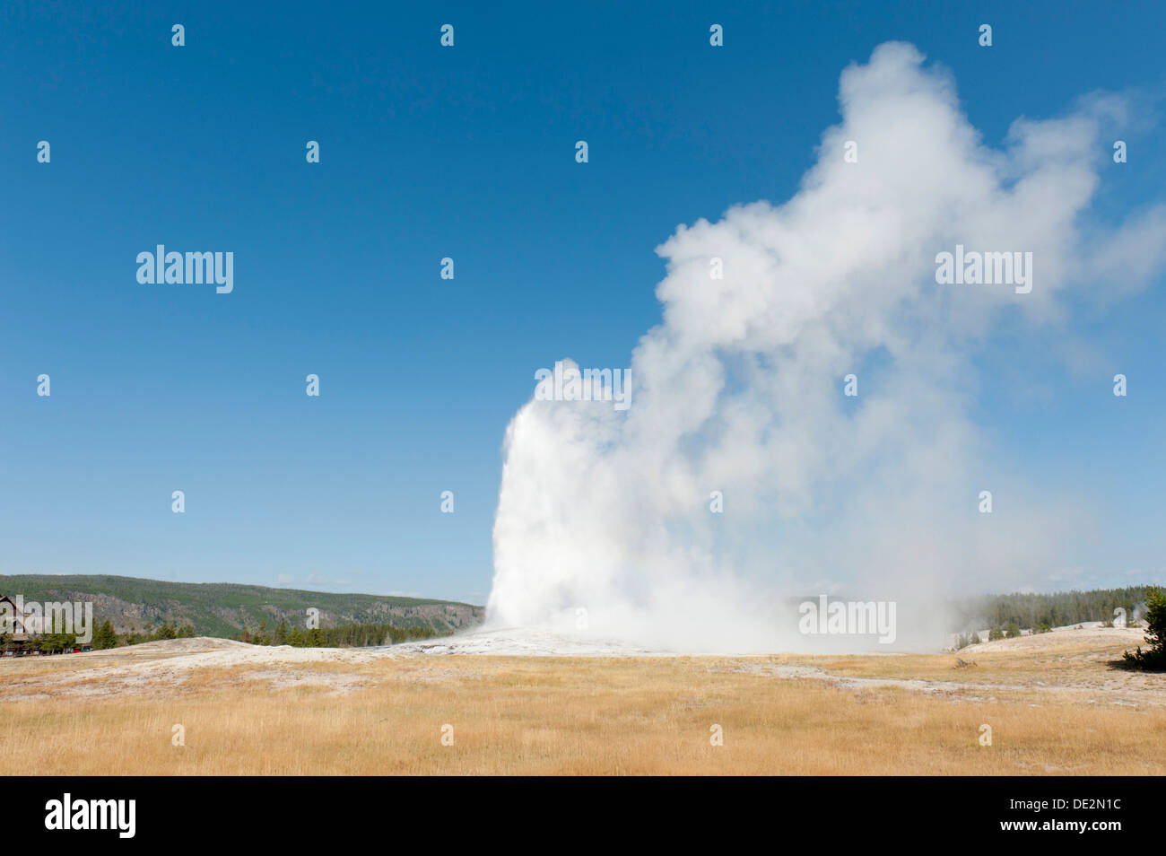 Hot spring, eruption, geyser, water fountain, steam against a blue sky ...