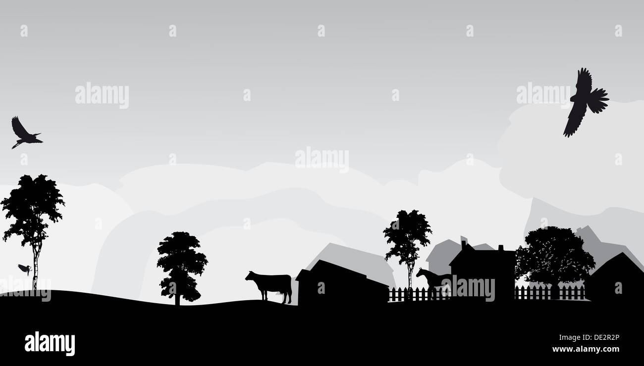 grey landscape with trees and village Stock Photo - Alamy