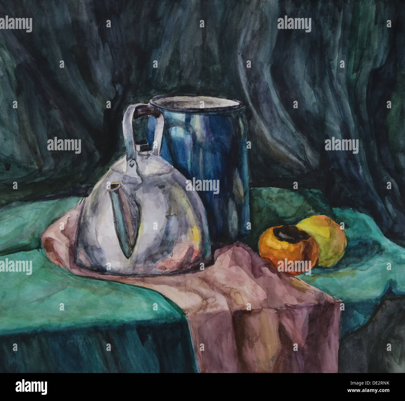 Still life with Metal Teapot and Milk-can. Watercolor Painting Stock ...