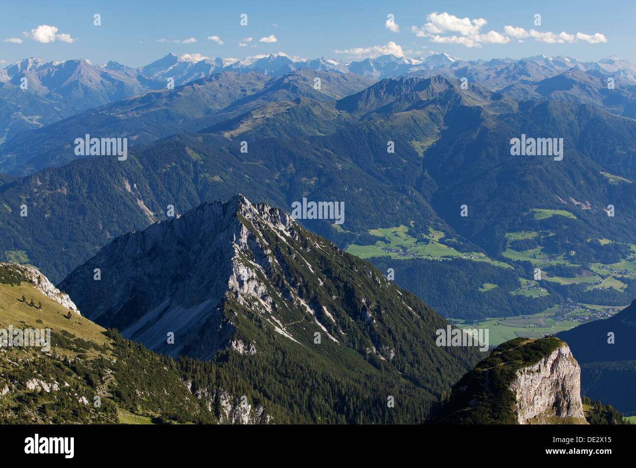 Ebner Joch Pass and the Tux Alps seen from Hochriss Mountain in Rofan ...