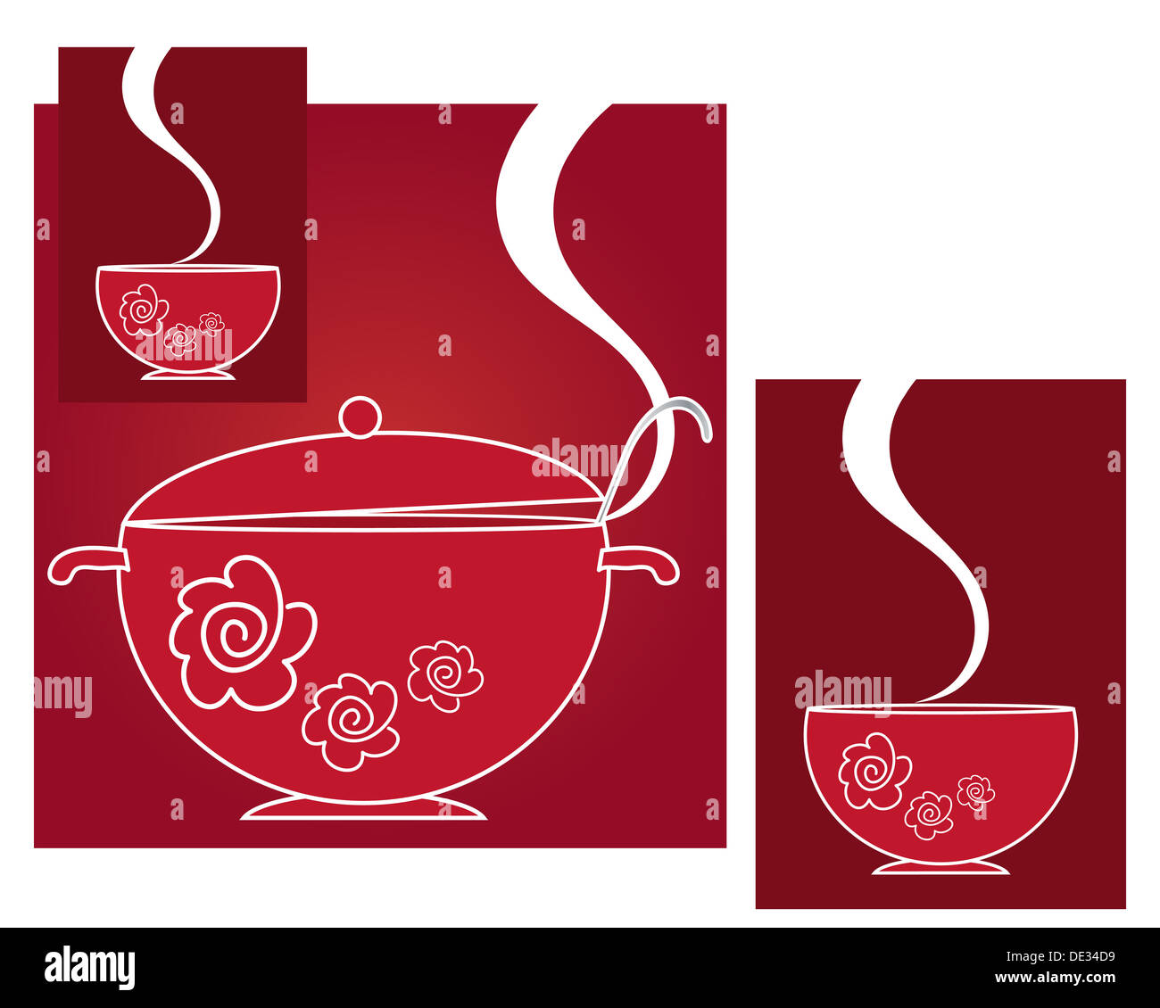 an illustration of a red soup tureen and two steaming bowls in an ...