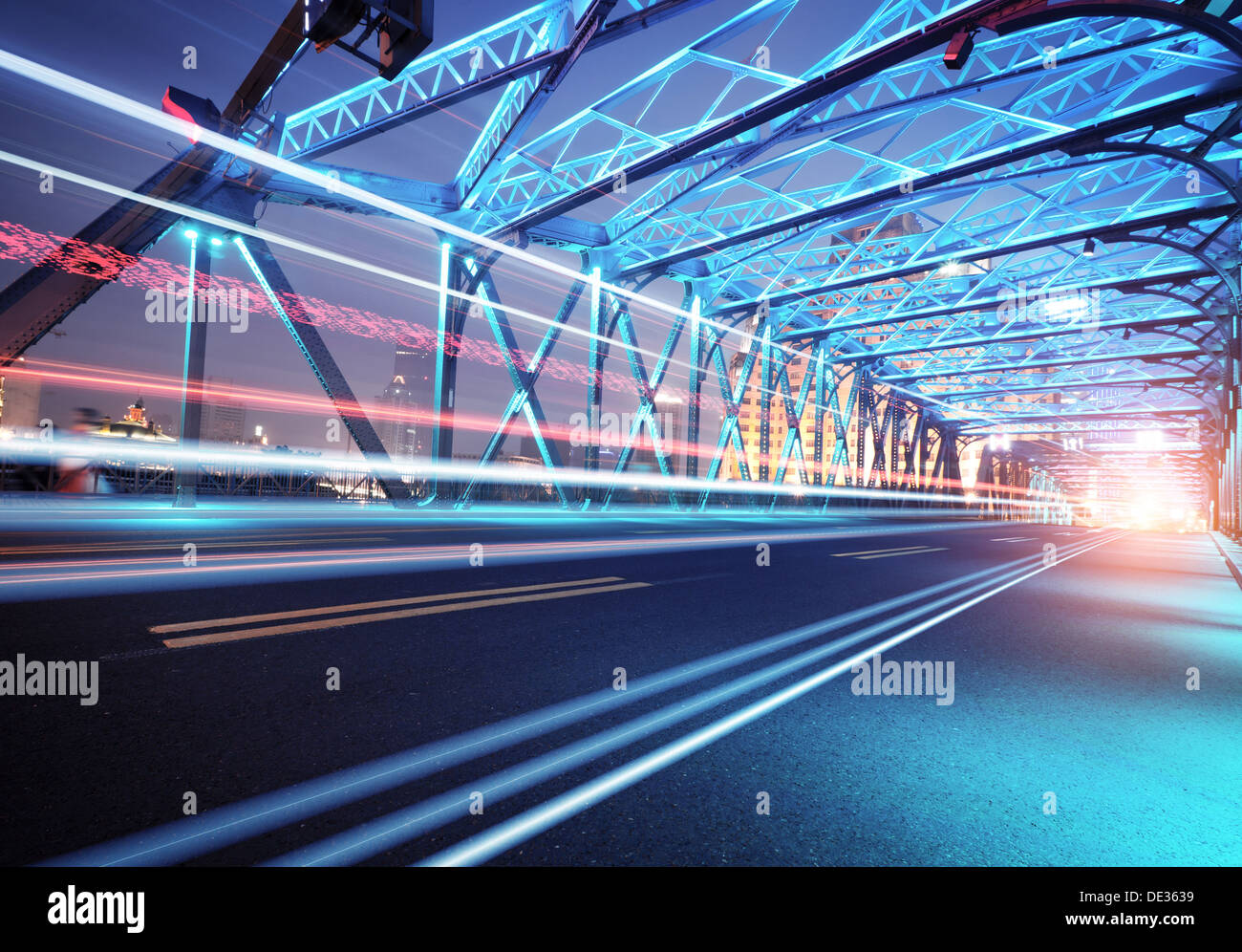 Night traffic lights inside of the Garden Bridge of shanghai china ...