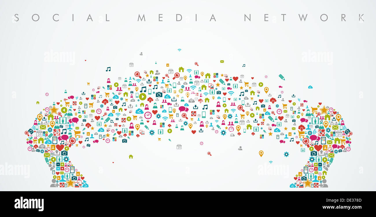 Woman head silhouette made with social media icons splash concept ...