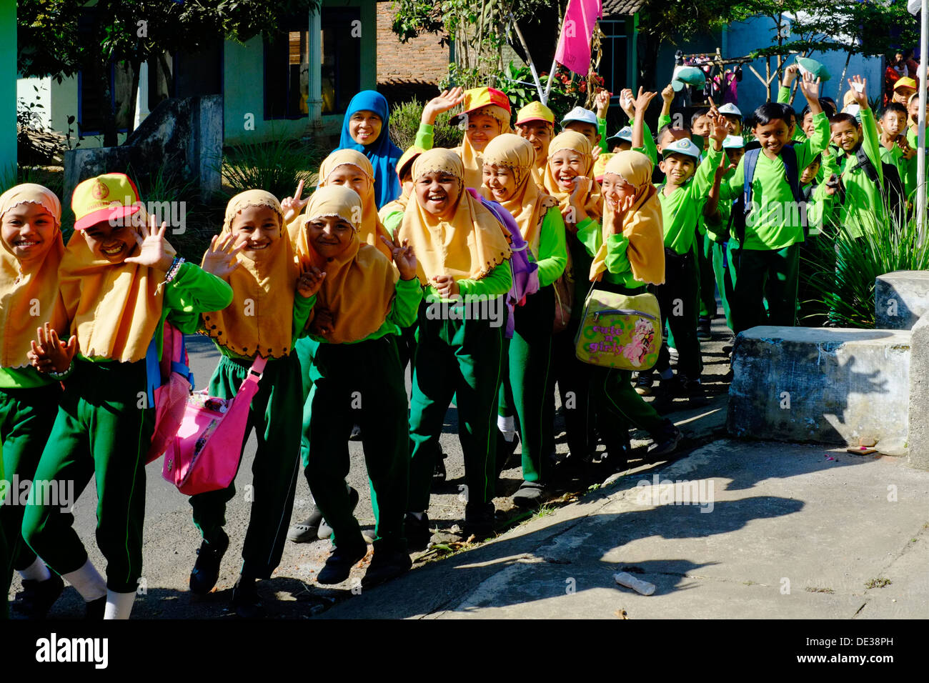 large group of school children on a freedom day for indonesia march ...