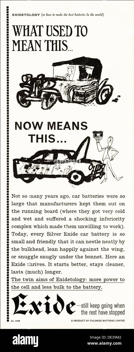 Advertisement for EXIDE car batteries magazine advert circa 1964 Stock ...