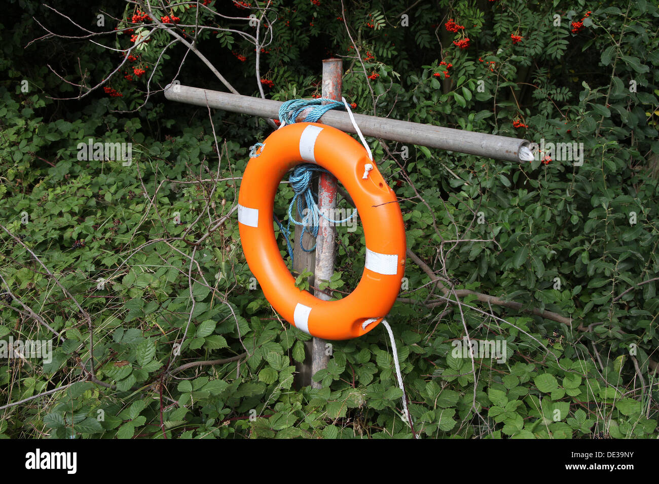 Safety float at side of deep water pond Stock Photo - Alamy
