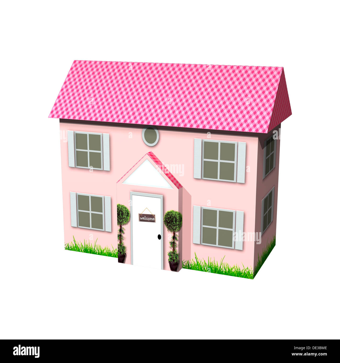 3D digital render of a cute pink cardboard house isolated on white ...