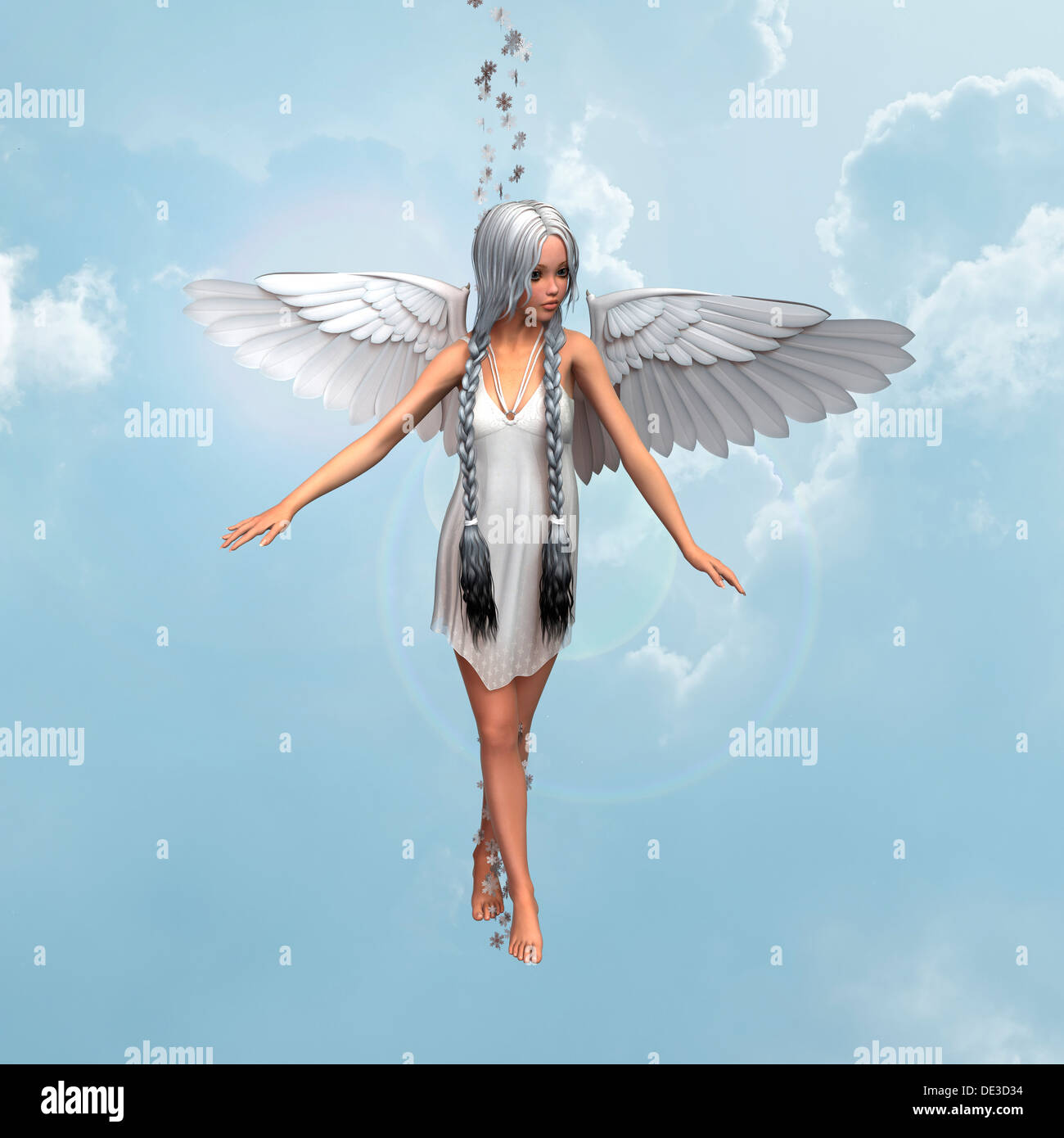 3D digital render of a cute white angel on blue sky background Stock ...