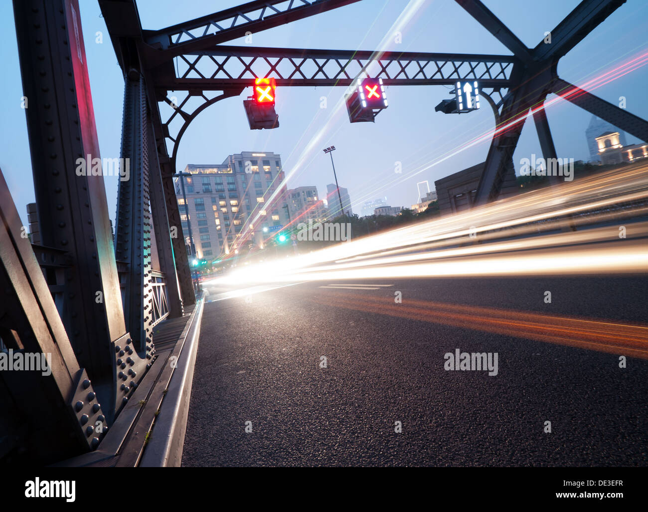 Night traffic lights inside of the Garden Bridge of shanghai china ...