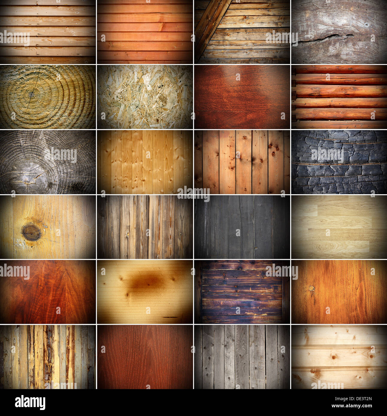collage formed with many photos of wooden textures with vignette added ...