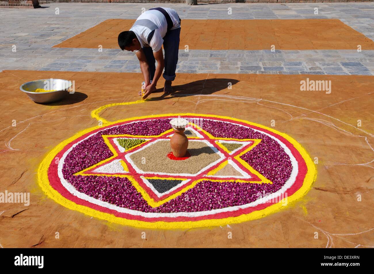 creating a mandala for the Tihar Festival in Kathmandu, Nepal Stock ...