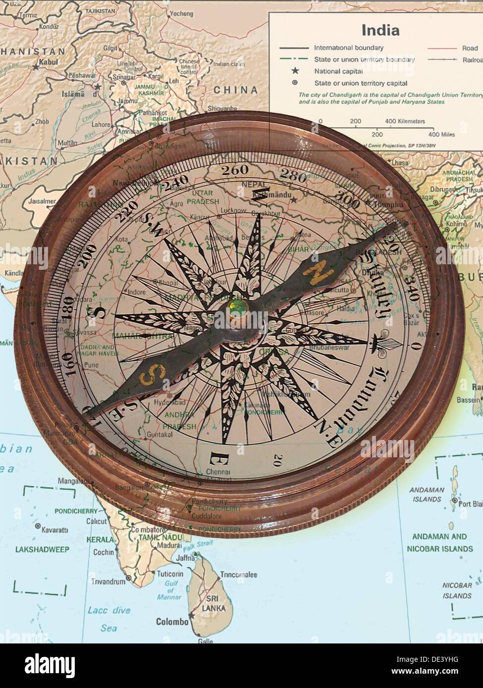 Compass on india map hi-res stock photography and images - Alamy